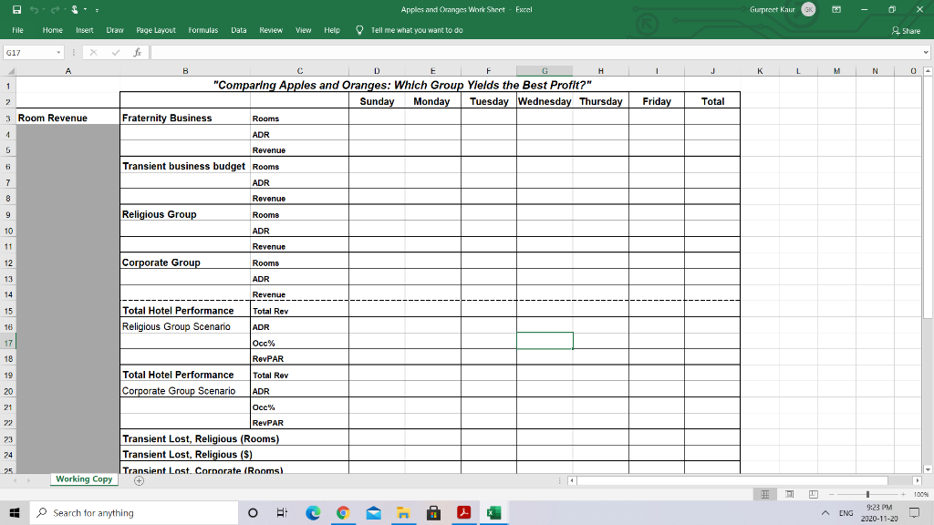 Apples and Oranges Work Shert - Excel Gurpreet Kaur | Chegg.com