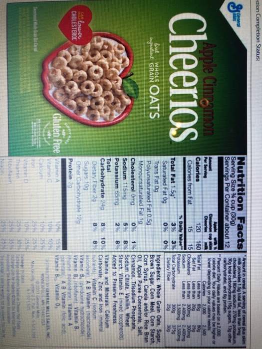 Solved 270mg potassiun, Cheerios Calories from Fat 15Ls0300 | Chegg.com