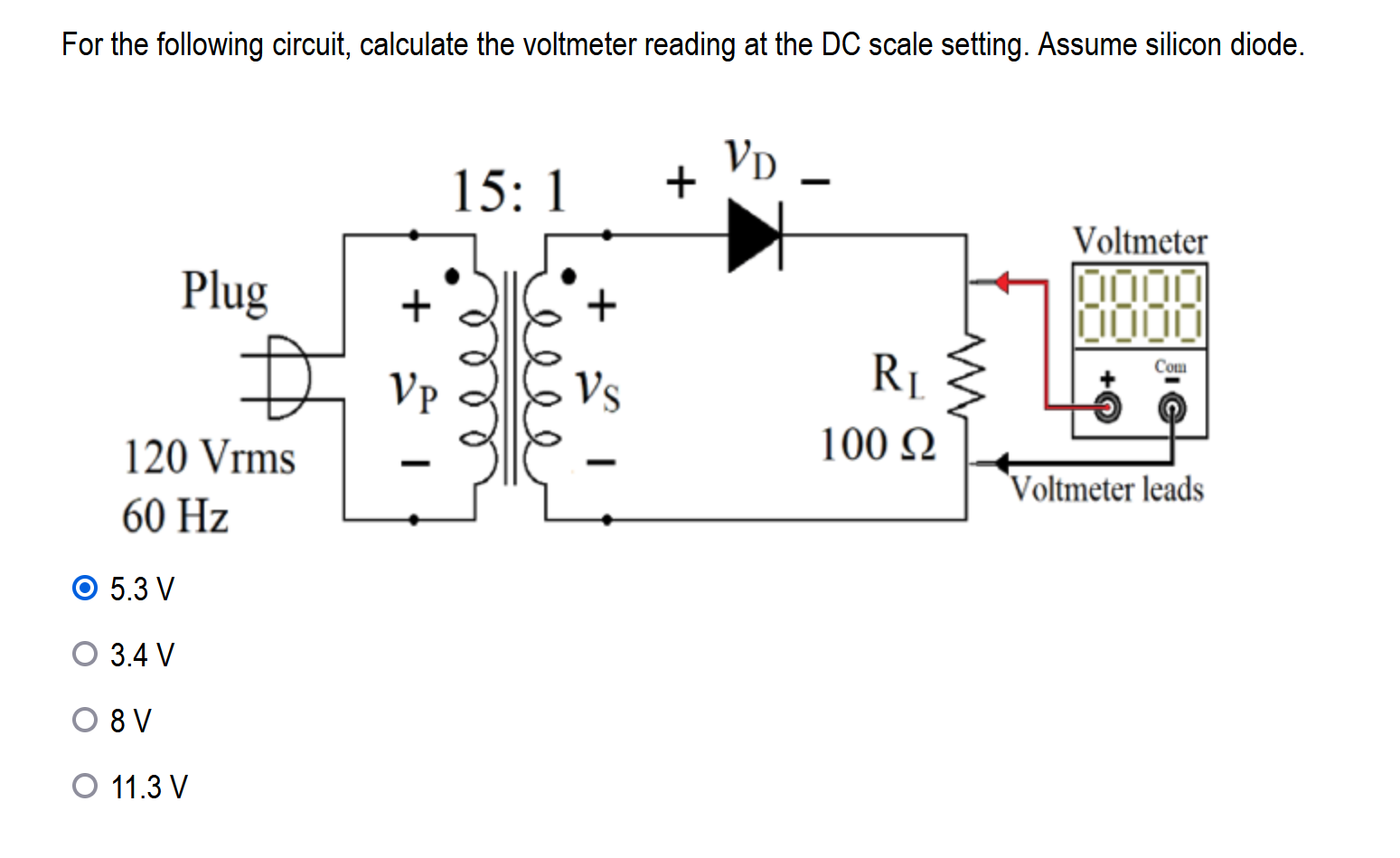 Solved For the following circuit, calculate the voltmeter | Chegg.com