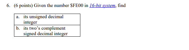 Solved 6. (6 points) Given the number $FE00 in 16-bit | Chegg.com