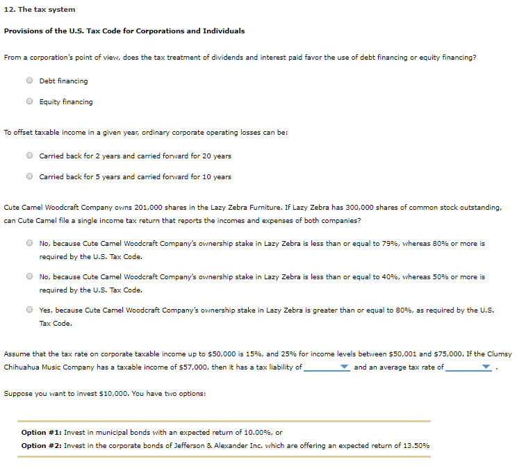 Solved 12. The tax system Provisions of the U.S. Tax Code | Chegg.com