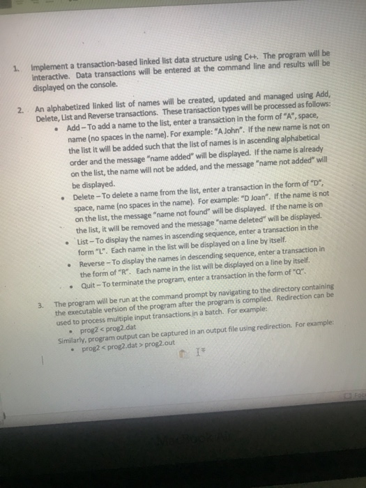 Implement a transaction-based linked list data | Chegg.com