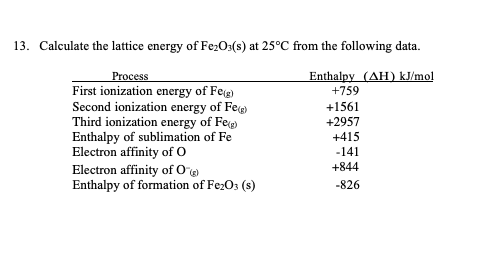 Solved 13. Calculate the lattice energy of Fe2O3(s) at 25°C | Chegg.com