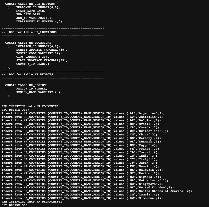 Solved CREATE TABLE HR_COUNTRIES ( COUNTRY_ID CHAR (2), | Chegg.com