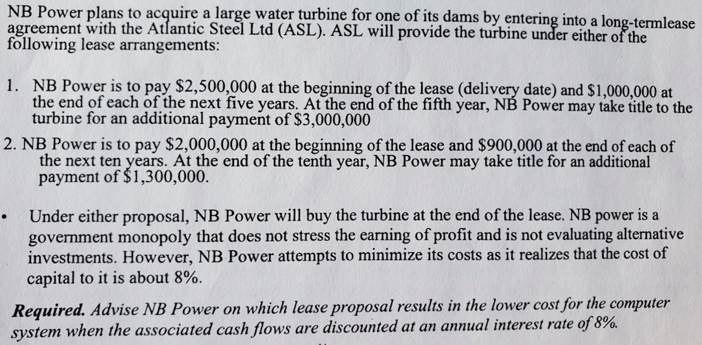 Solved NB Power plans to acquire a large water turbine for | Chegg.com