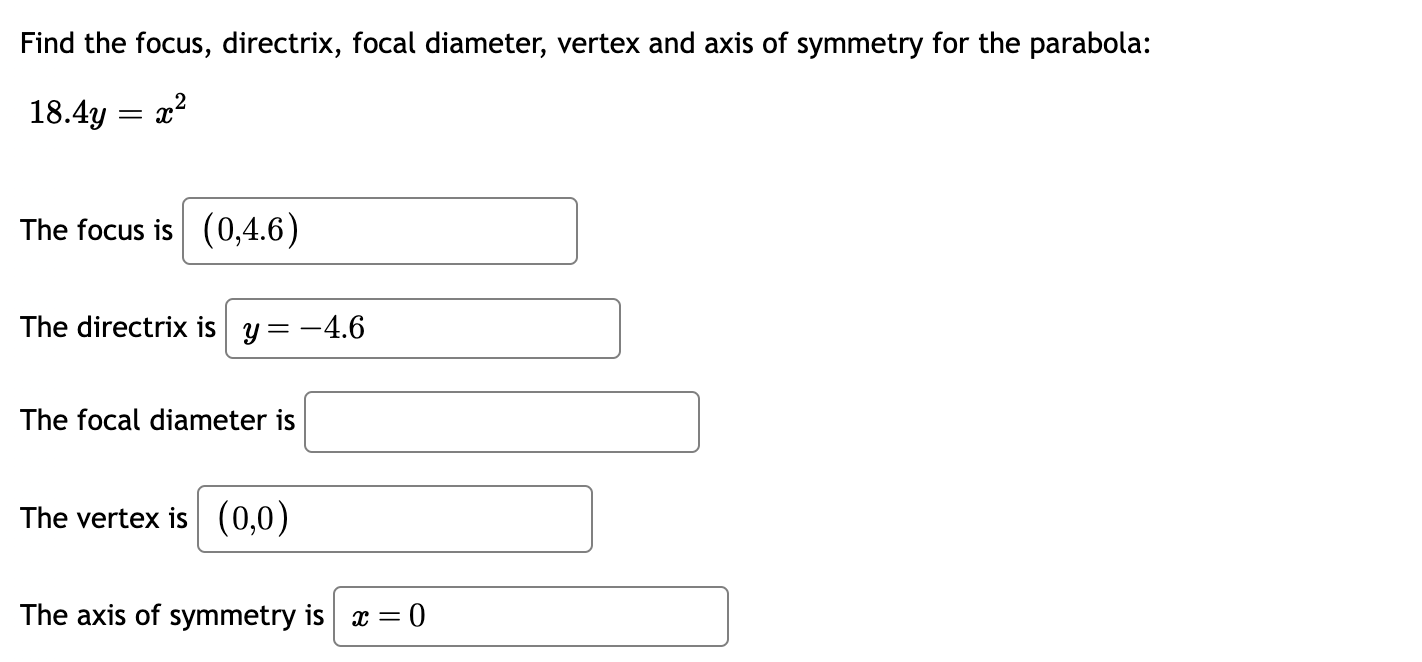 Solved Find the focus, directrix, focal diameter, vertex and | Chegg.com
