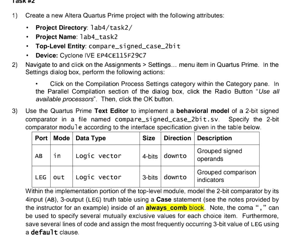 Solved ask #2 1) Create a new Altera Quartus Prime project | Chegg.com
