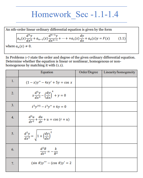 Solved Homework Sec 1 1 1 4 An Nth Order Linear Ordinary