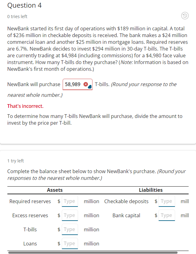 Solved 0 tries left NewBank started its first day of | Chegg.com