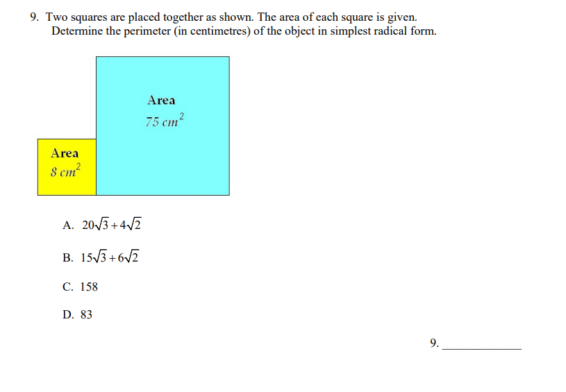 Solved 9. Two squares are placed together as shown. The area | Chegg.com