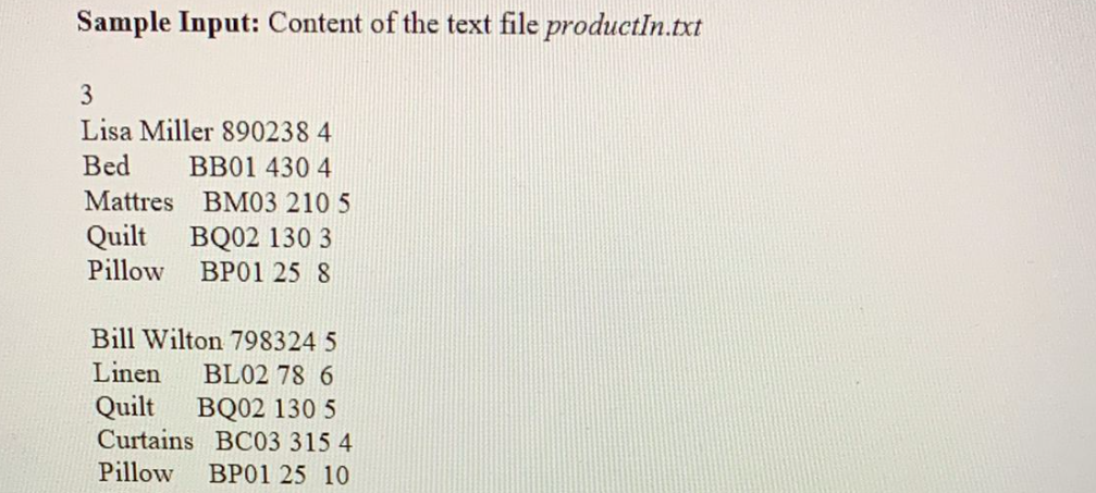 Solved Sample Input: Content of the text file productIn.txt | Chegg.com