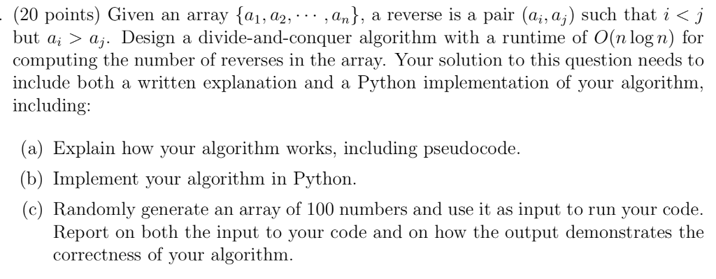 (20 points) Given an array {ai, a2 , an. a reverse is | Chegg.com