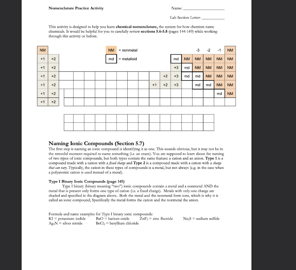 Solved Nomenclature Practice Activity Name: Lab Section | Chegg.com