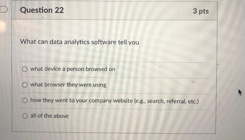 Solved Question 22 3 pts What can data analytics software | Chegg.com