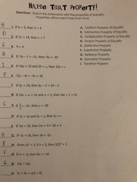 Properties Of Equality Worksheet