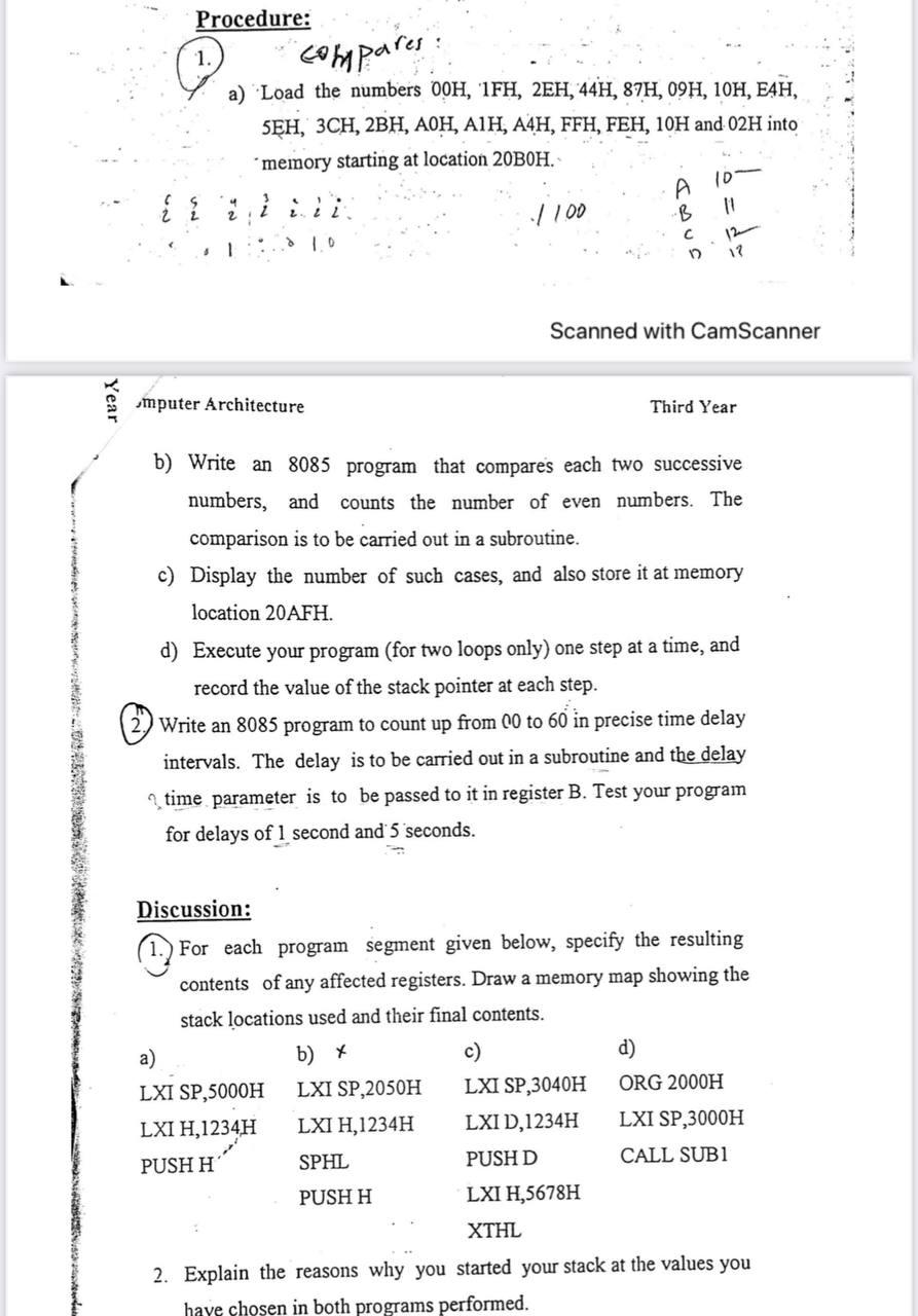 Procedure: compares a) Load the numbers OOH, IFH, | Chegg.com