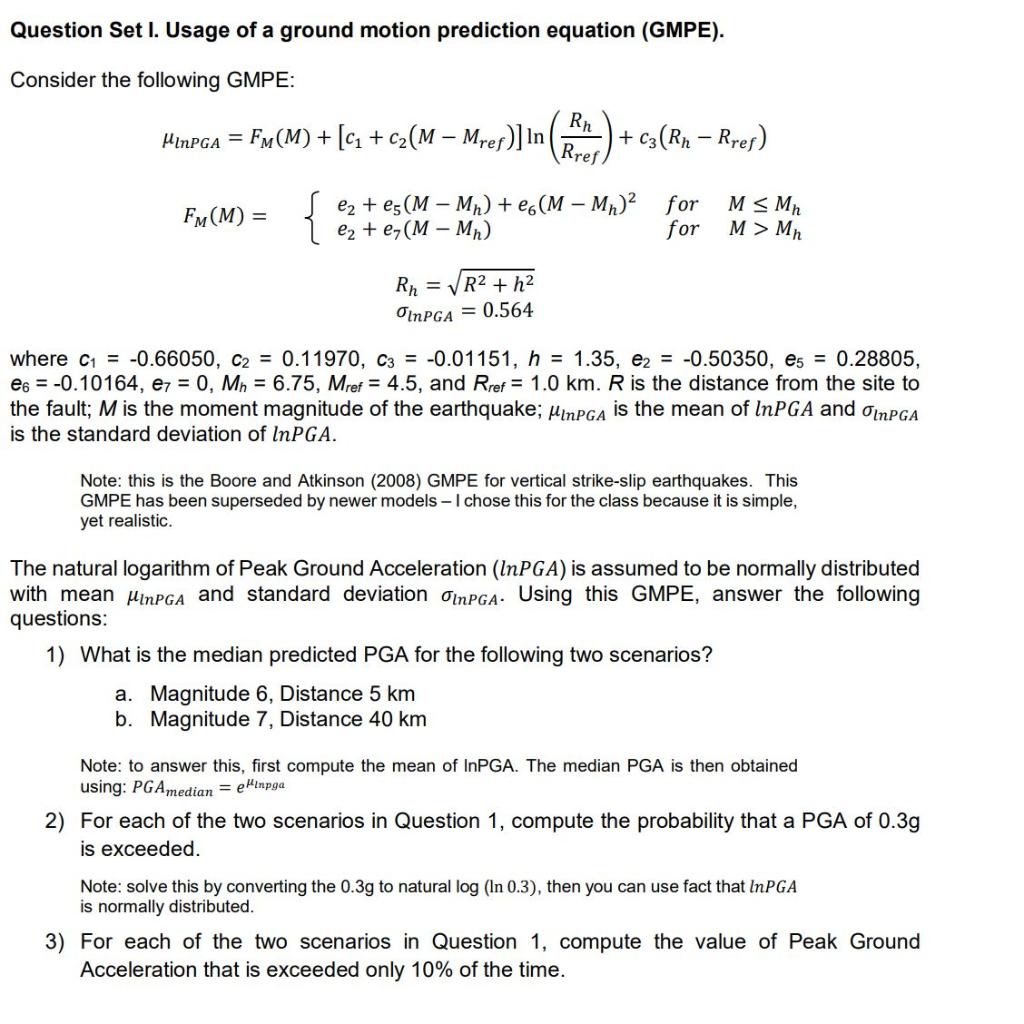 Question Set I. Usage of a ground motion prediction | Chegg.com