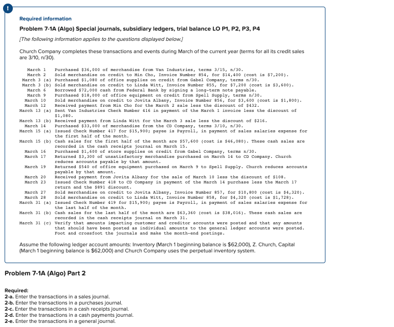 Solved ! Required information Problem 7-1A (Algo) Special | Chegg.com