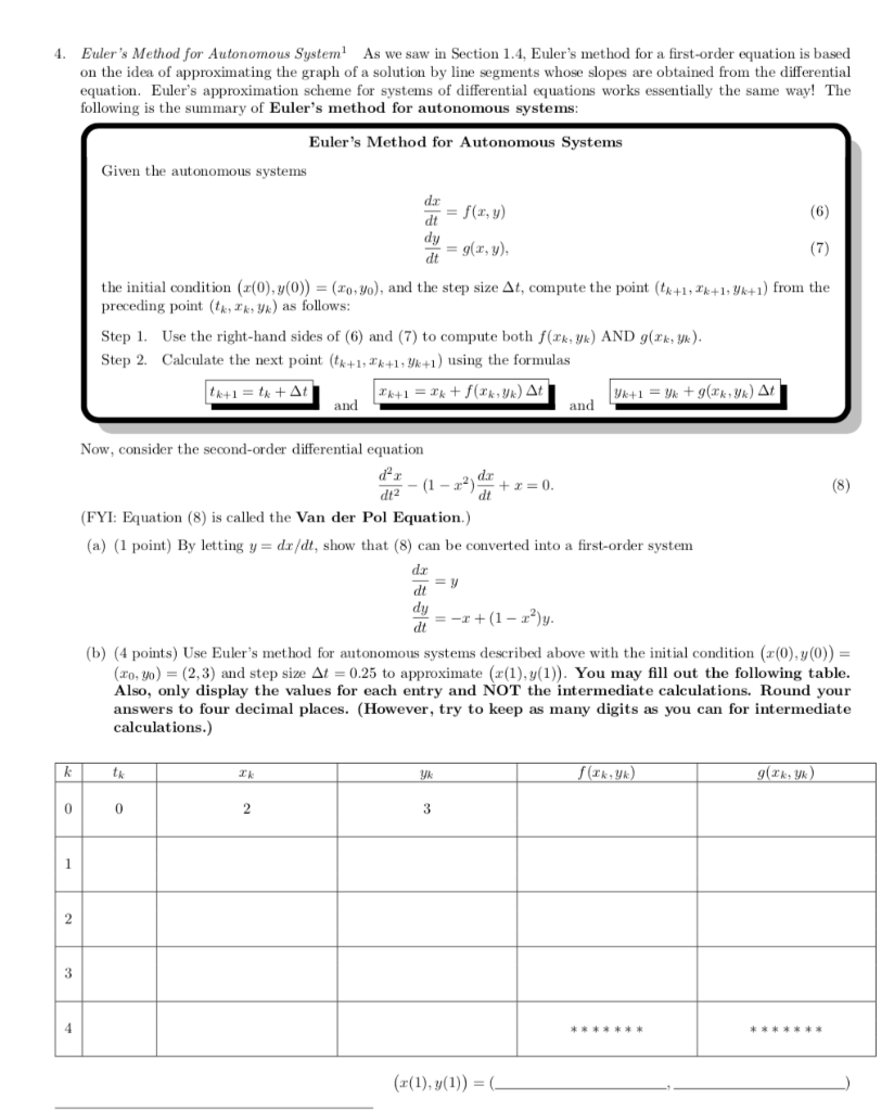 Solved 4. Euler's Method for Autonomous System! As we saw in | Chegg.com