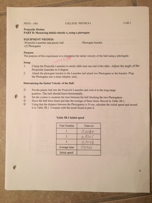 Solved PHYS-1401 COLLEGE PHYSICSI LAB.3 Projectile Motion | Chegg.com