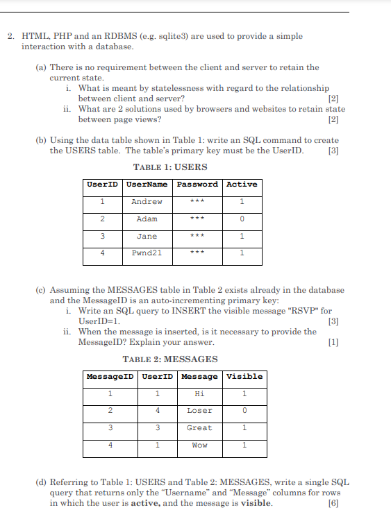 Solved HTML, PHP and an RDBMS (e.g. sqlite3) are used to | Chegg.com
