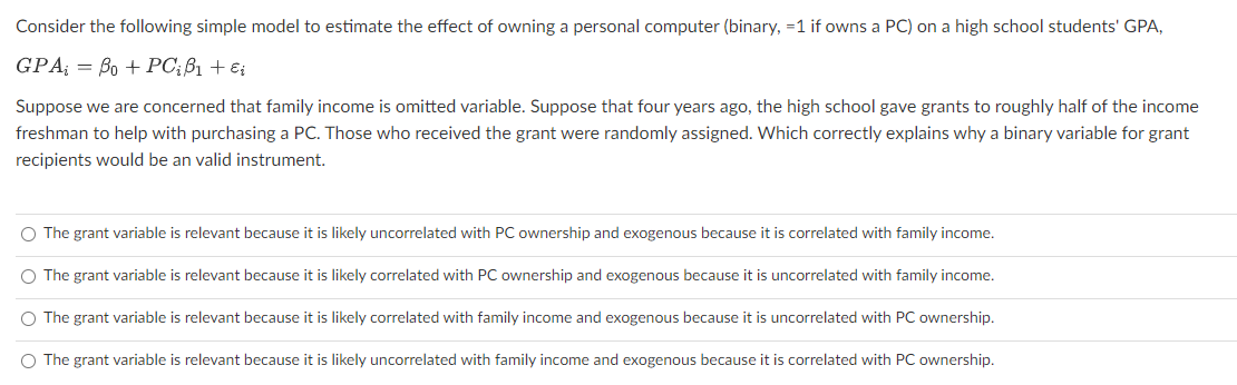 Solved Consider the following simple model to estimate the | Chegg.com