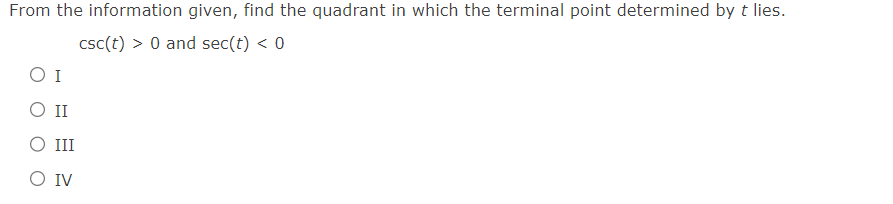 Solved From the information given, find the quadrant in | Chegg.com