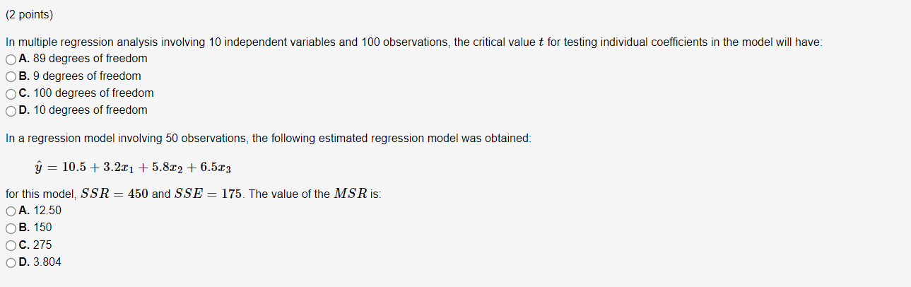 Solved In multiple regression analysis involving 10 | Chegg.com