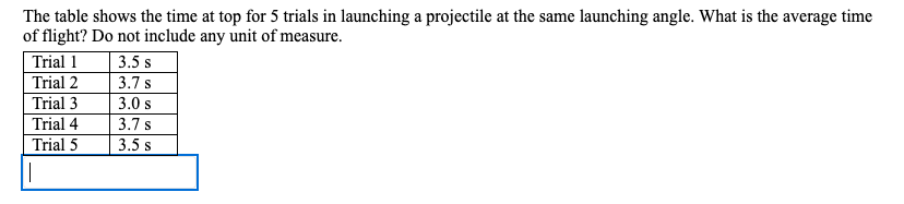 Solved The table shows the time at top for 5 trials in | Chegg.com