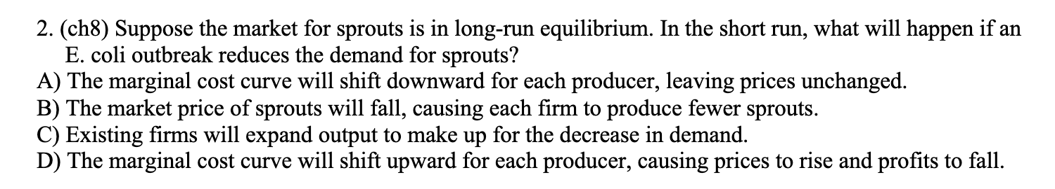 Solved (ch8) ﻿Suppose the market for sprouts is in long-run | Chegg.com