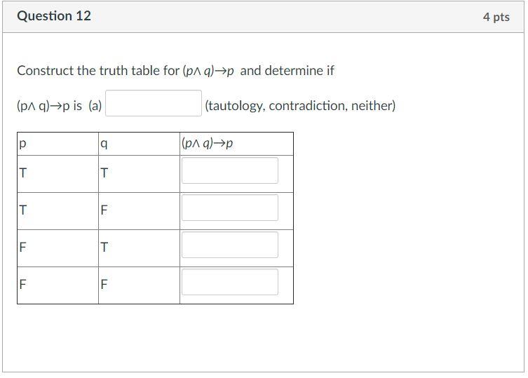 Solved Question 12 4 pts Construct the truth table for (paq) | Chegg.com