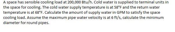 Solved A space has sensible cooling load at 200,000Btu/h. | Chegg.com