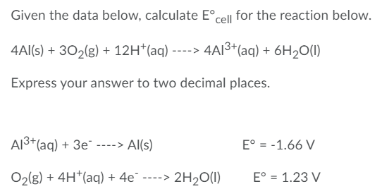 Solved Given the data below, calculate Eºcell for the | Chegg.com