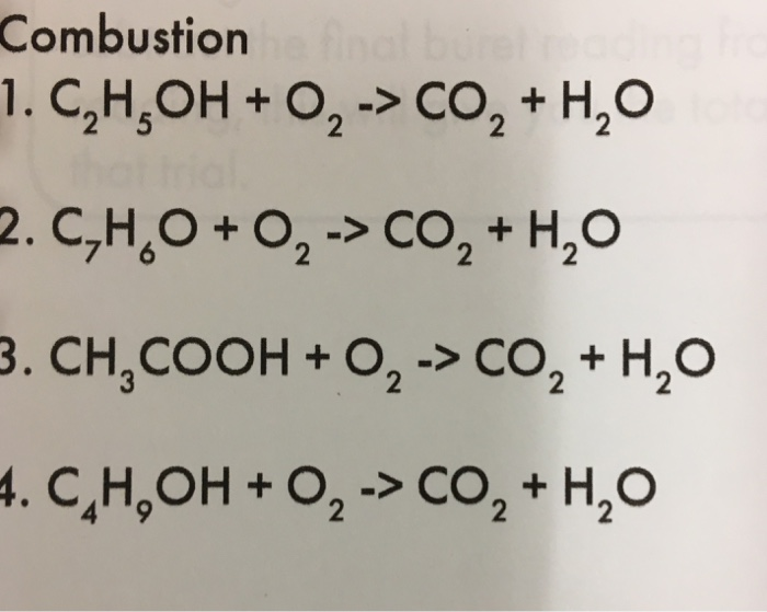 Solved Combustion 2.С. ,H60+02-> co, + HO 3. CH3COOH + O2-> | Chegg.com