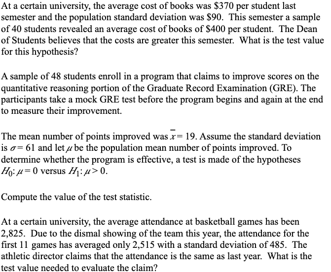Solved At a certain university, the average cost of books | Chegg.com