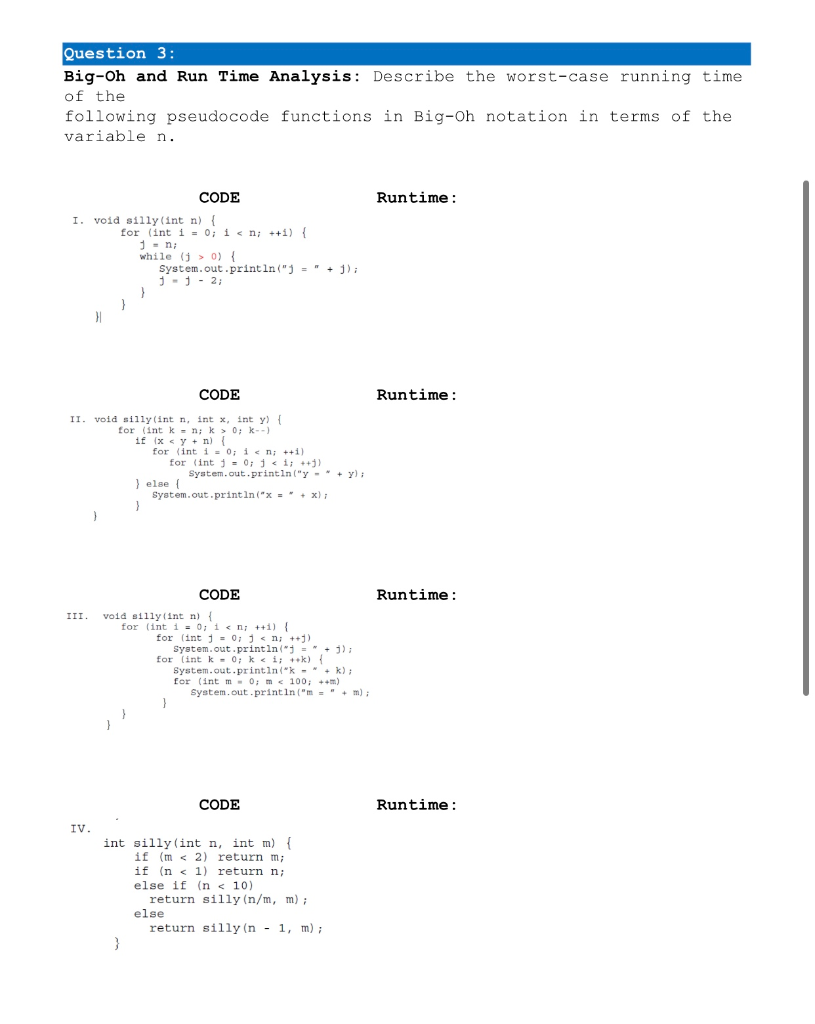 Solved Question 3: Big-Oh and Run Time Analysis: Describe | Chegg.com