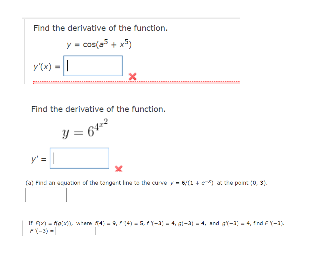 Solved Find the derivative of the function. y = cos(a5 + x5) | Chegg.com