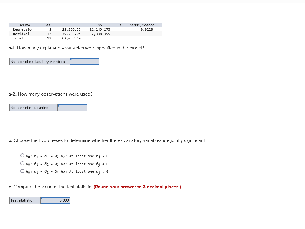 Solved a-1. How many explanatory variables were specified in | Chegg.com