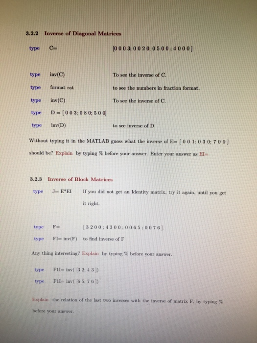 Solved 3.2.2 Inverse of Diagonal Matrices type C [0 0 0 3; 0 | Chegg.com
