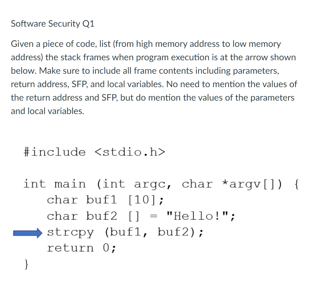 Software Security Q1 Given a piece of code, list | Chegg.com