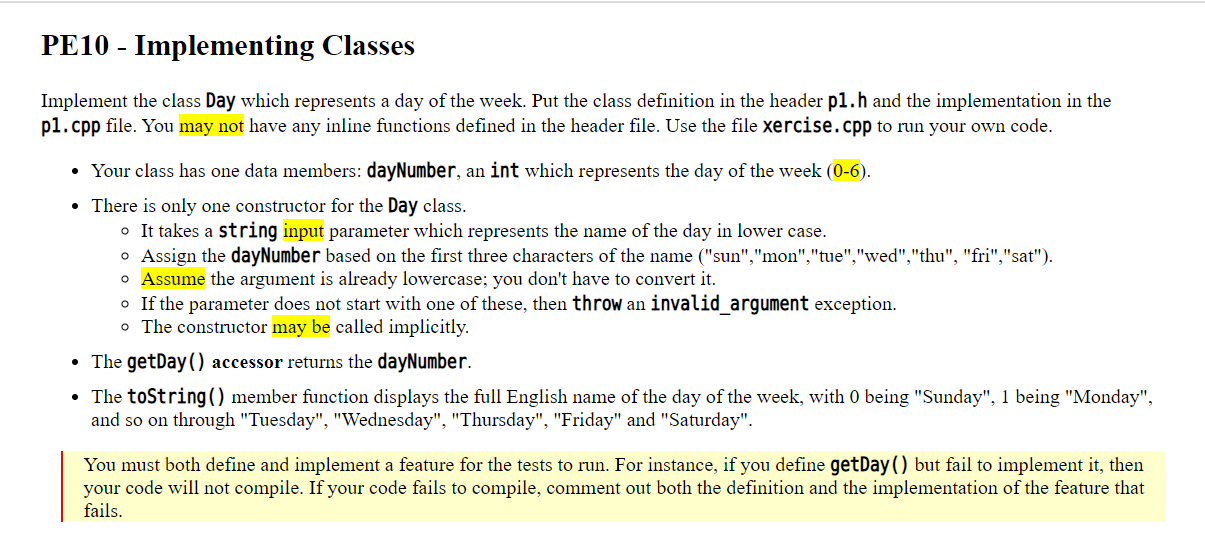 Solved PE10 - Implementing Classes Implement the class Day | Chegg.com