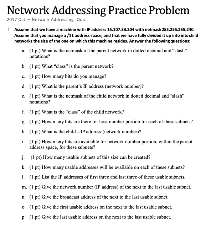 Solved Network Addressing Practice Problem 2017 Oct - | Chegg.com