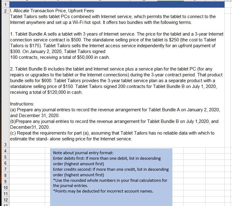Solved 1 2 . Allocate Transaction Price, Upfront Fees Tablet | Chegg.com
