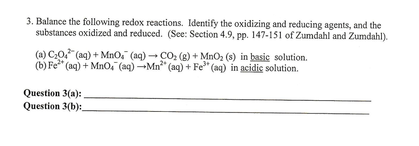 Solved 3. Balance the following redox reactions. Identify | Chegg.com