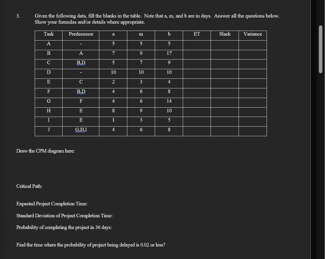 Solved 3. Given the following data, fill the blanks in the | Chegg.com