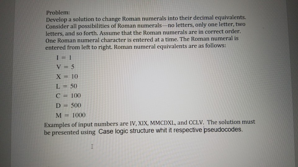 Problem: Develop a solution to change Roman numerals | Chegg.com