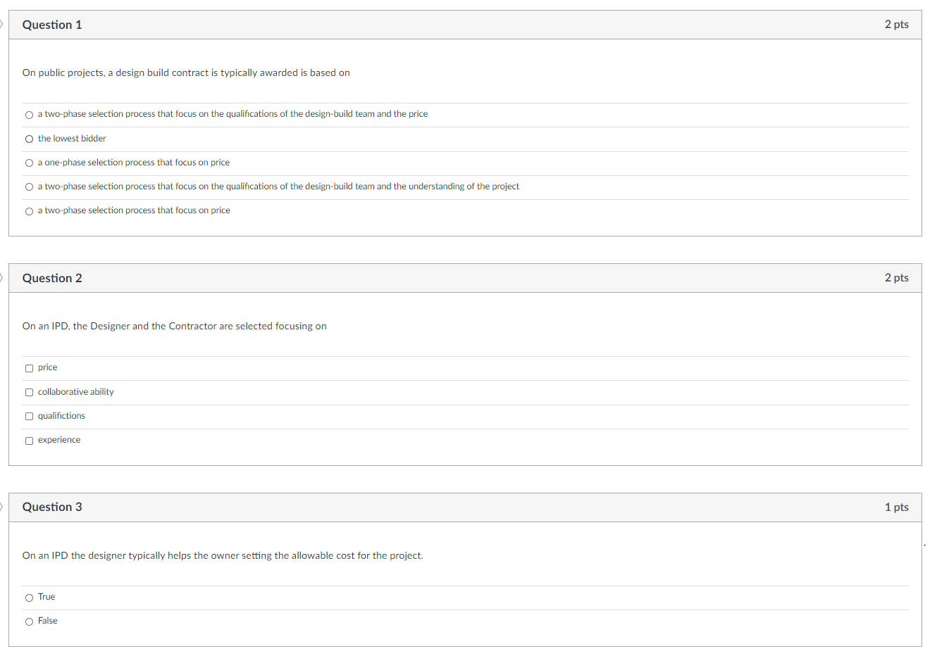 Solved Question 1 2 pts On public projects, a design build | Chegg.com