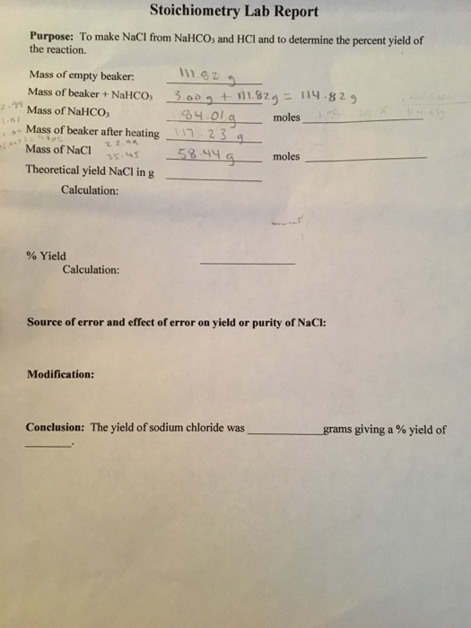 Solved Stoichiometry Lab Report Purpose: To make NaCI from | Chegg.com