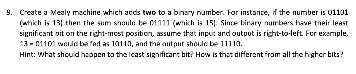 Create a Mealy machine which adds two to a binary | Chegg.com