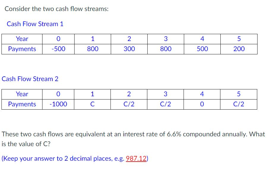 Solved Consider the two cash flow streams: Cash Flow Stream | Chegg.com